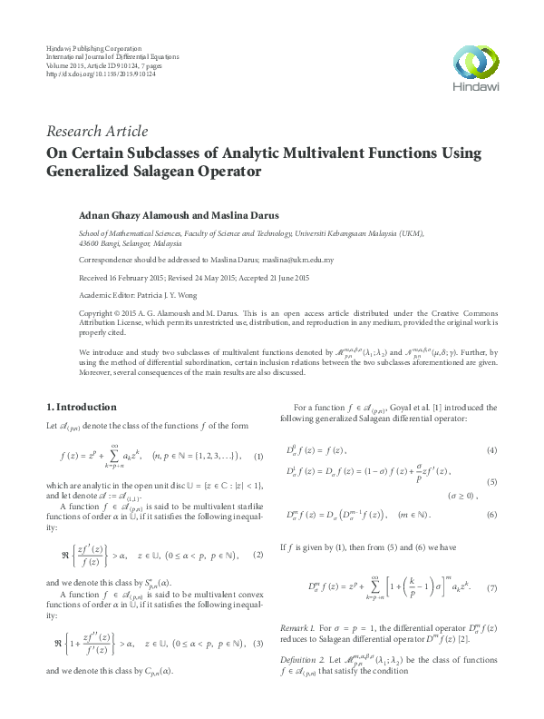 Pdf On Certain Subclasses Of Analytic Multivalent Functions Using Generalized Salagean