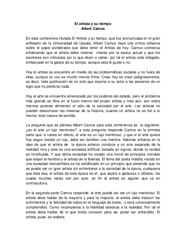 (PDF) El artista y su tiempo Albert Camus
