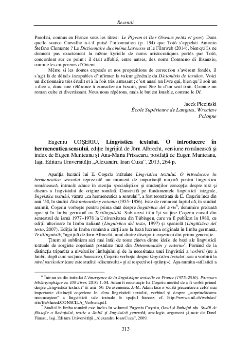 (PDF) Review of the book Eugeniu Coșeriu, Lingvistica textului. O introducere în hermeneutica ...