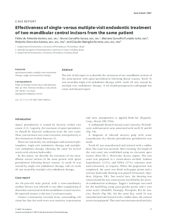 (PDF) Effectiveness of single- versus multiple-visit endodontic ...