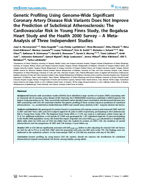 (PDF) Genetic Profiling Using Genome-Wide Significant Coronary Artery ...