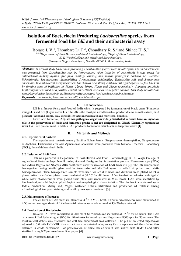 Pdf Isolation Of Bacteriocin Producing Lactobacillus Species From Fermented Food Like Idli And