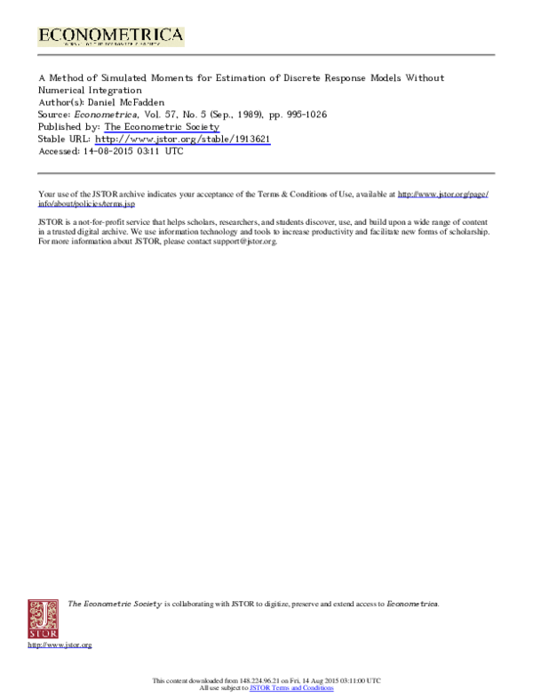 (PDF) A Method of Simulated Moments for Estimation of Discrete Response Models Without Numerical ...