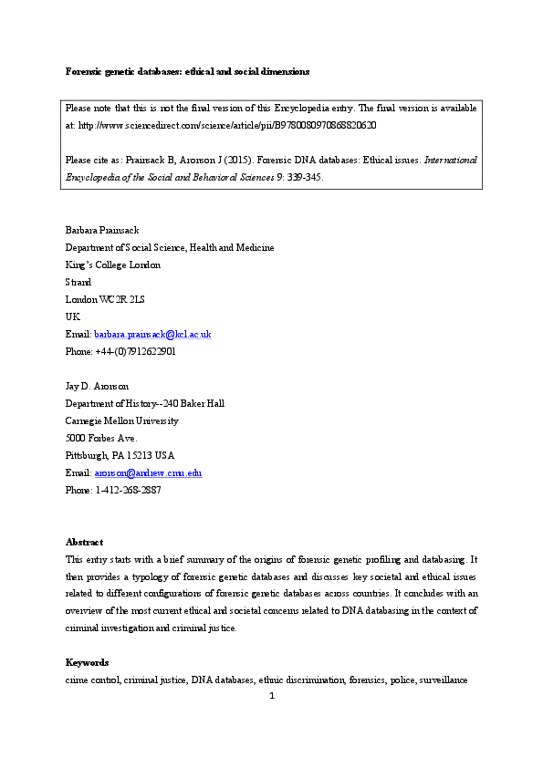 (PDF) Forensic DNA databases: Ethical issues