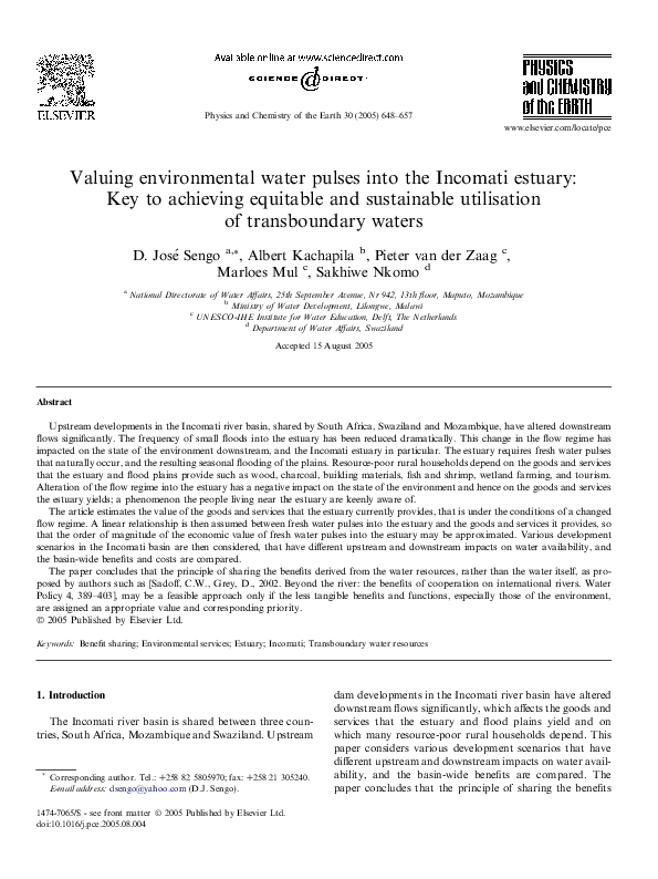 (PDF) Valuing environmental water pulses into the Incomati estuary: Key ...