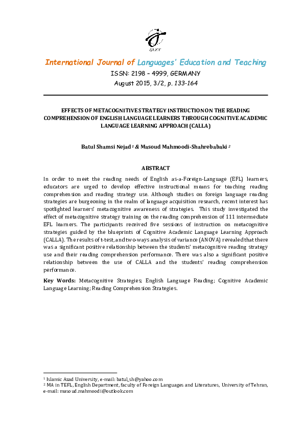(PDF) EFFECTS OF METACOGNITIVE STRATEGY INSTRUCTION ON THE READING ...