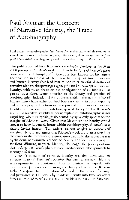 (PDF) 'Paul Ricœur: the Concept of Narrative Identity, the Trace of ...