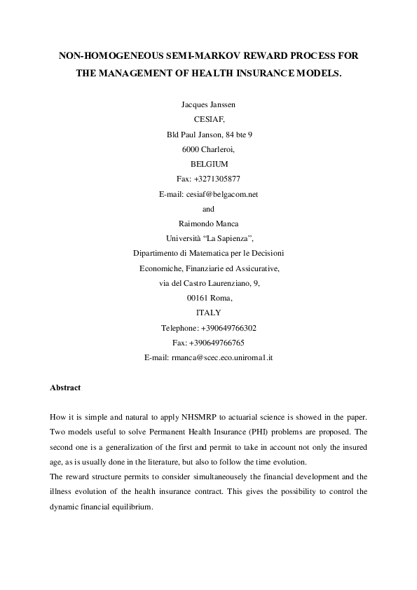 Pdf Non Homogeneous Semi Markov Reward Process For The Management Of Health Insurance Models