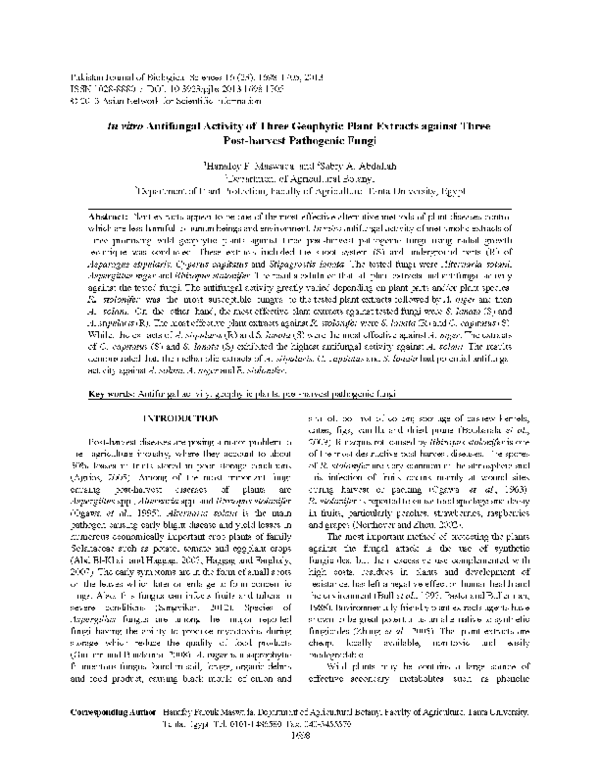 (PDF) In vitro antifungal activity of three geophytic plant extracts against three post-harvest ...