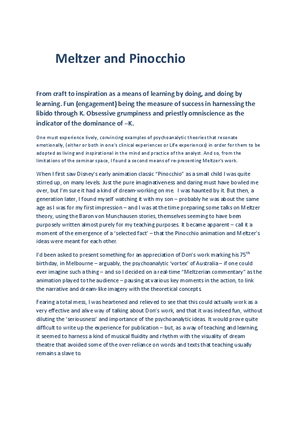 Donald Meltzer the Analyst meets Pinocchio the Real Boy: excerpt from ...