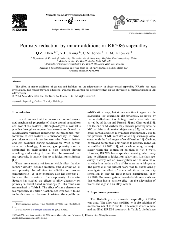 (PDF) Porosity reduction by minor additions in RR2086 superalloy