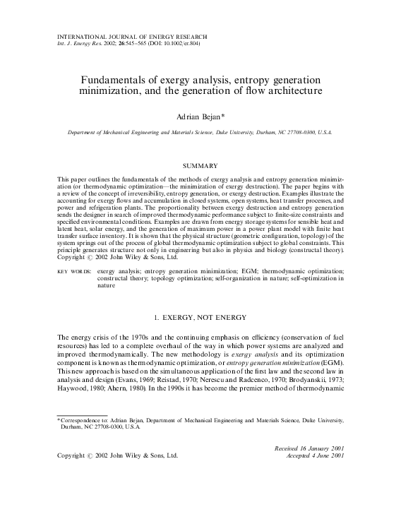 Pdf Fundamentals Of Exergy Analysis Entropy Generation Minimization And The Generation Of