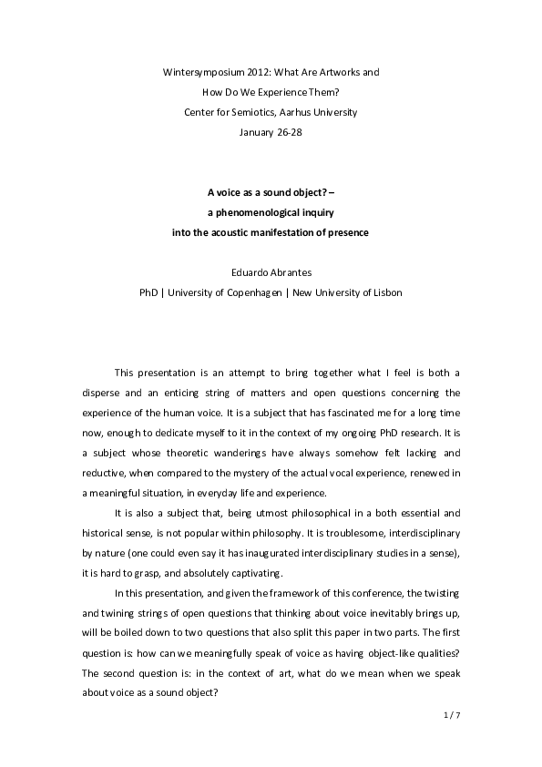 (PDF) "A voice as a sound object? - a phenomenological inquiry into the ...
