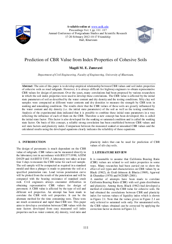 (PDF) Prediction of CBR Value from Index Properties of Cohesive Soils