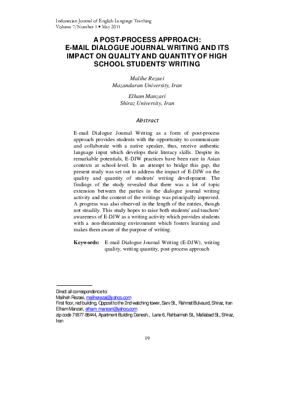 (PDF) A POST-PROCESS APPROACH: E-MAIL DIALOGUE JOURNAL WRITING AND ITS ...