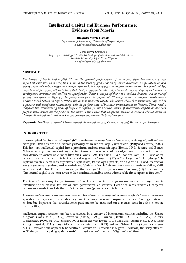 (PDF) Intellectual Capital and Business Performance: Evidence from Nigeria