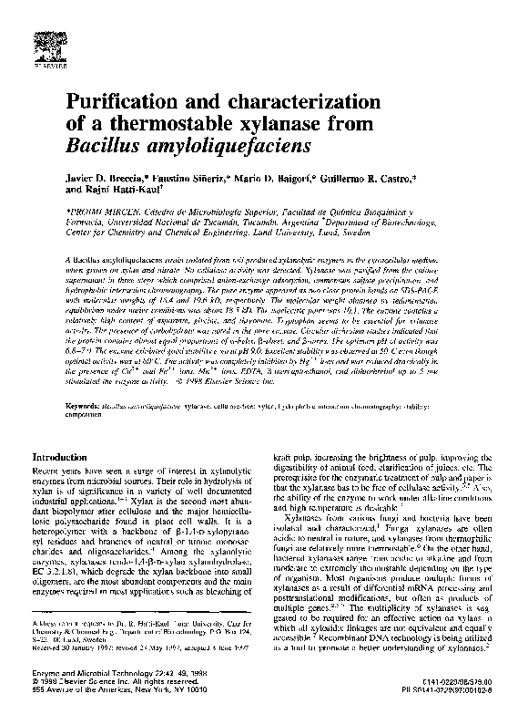(PDF) Purification and characterization of a thermostable xylanase from Bacillus amyloliquefaciens