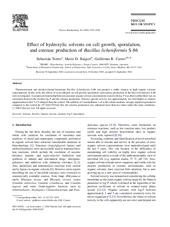 (PDF) Effect of hydroxylic solvents on cell growth, sporulation, and ...