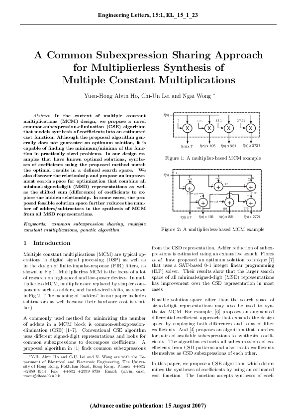 Pdf A Common Subexpression Sharing Approach For Multiplierless Synthesis Of Multiple Constant