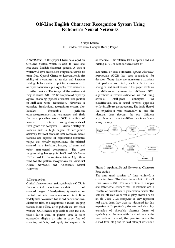 (DOC) Off-Line English Character Recognition System Using Kohonen's Neural Networks