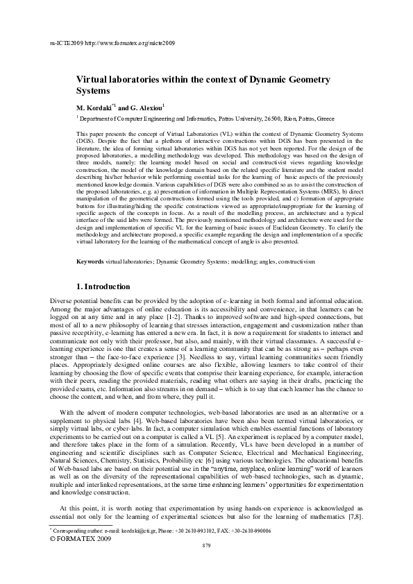 (PDF) Kordaki, M. and Alexiou, G., (2009). Virtual laboratories within the context of Dynamic ...
