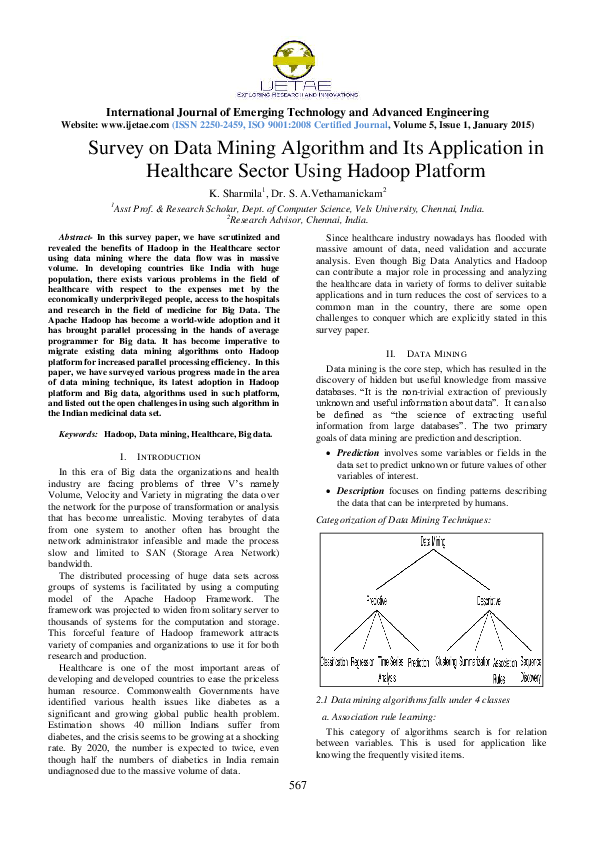 Pdf Survey On Data Mining Algorithm And Its Application In Healthcare Sector Using Hadoop Platform