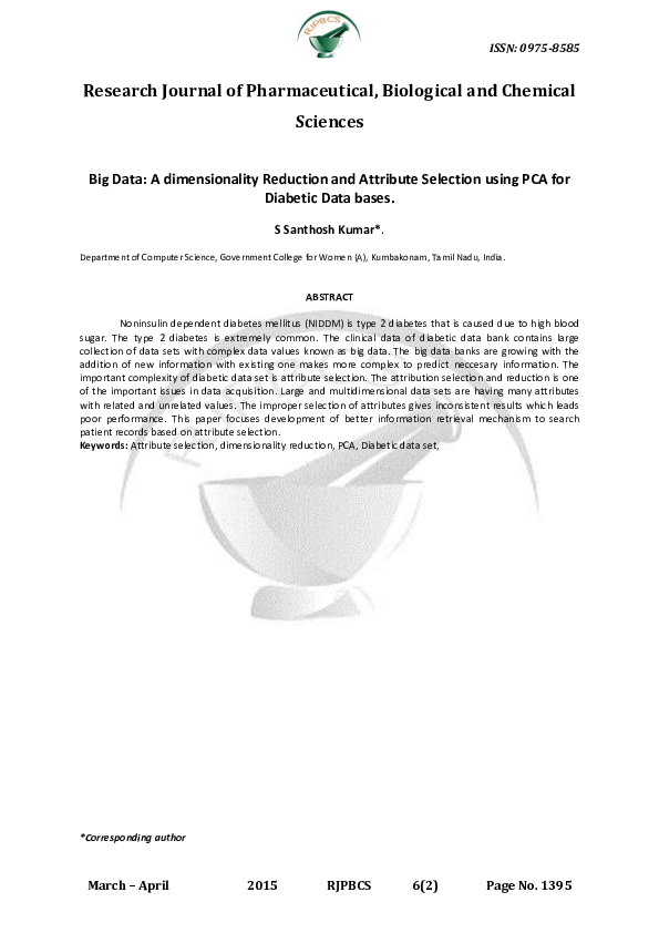 Pdf Big Data A Dimensionality Reduction And Attribute Selection Using Pca For Diabetic Data Bases