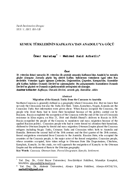 (PDF) Migration of the Kumyk Turks from the Caucasus to Anatolia-Kumuk ...