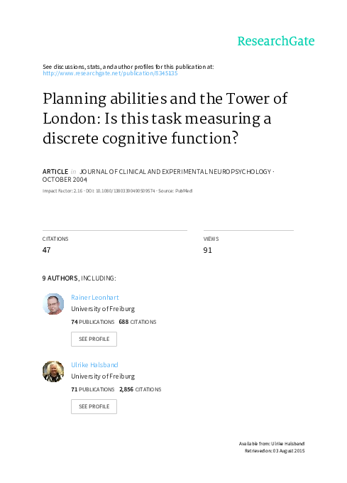 (PDF) Planning abilities and the Tower of London: Is this task ...