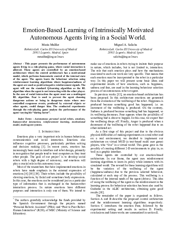 (PDF) Emotion-Based Learning of Intrinsically Motivated Autonomous Agents living in a Social World
