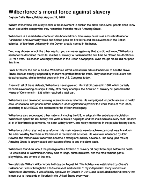 (PDF) Wilberforce’s moral force against slavery