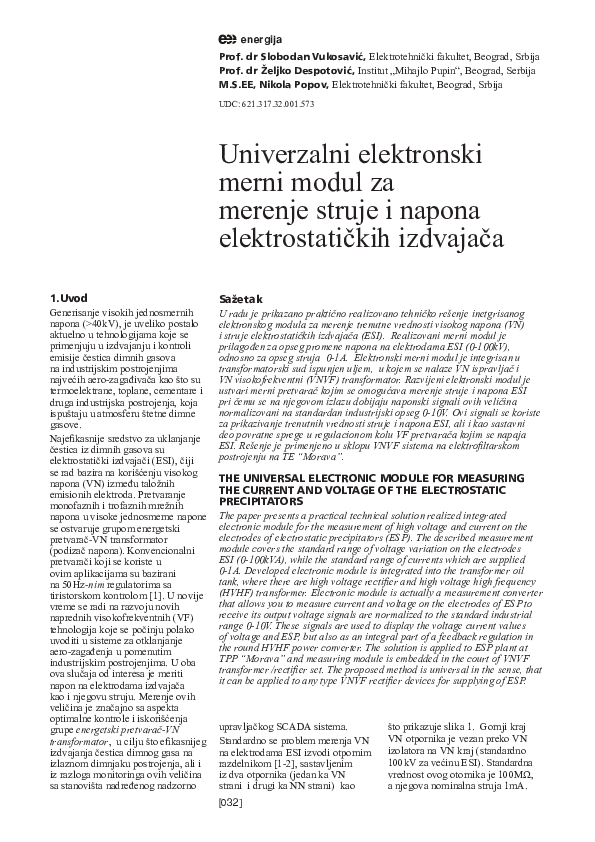 (PDF) Univerzalni elektronski merni modul za merenje struje i napona elektrostatičkih izdvajača