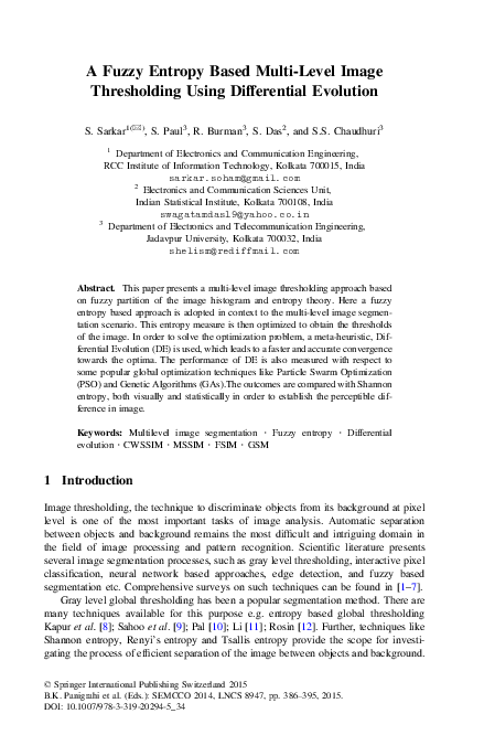 Pdf A Fuzzy Entropy Based Multi Level Image Thresholding Using Differential Evolution