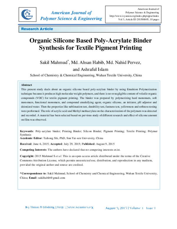 Organic Silicone Based Poly-Acrylate Binder Synthesis for Textile ...