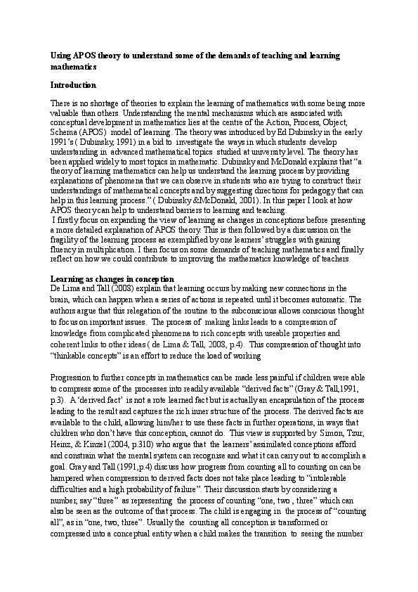 Doc Using Apos Theory To Understand Some Of The Demands Of Teaching And Learning Mathematics
