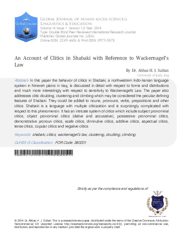 (PDF) An Account of Clitics in Shabaki with Reference to Wackernagel's Law