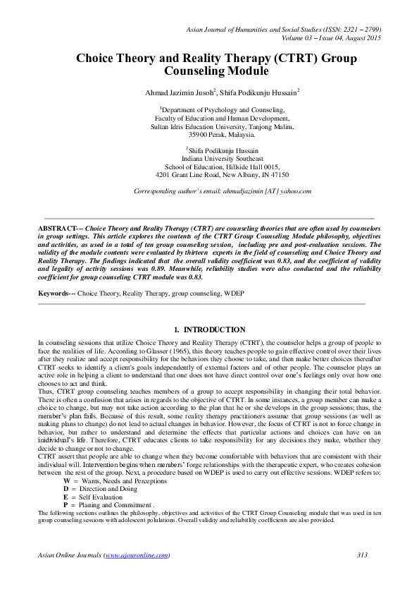 (PDF) Choice Theory and Reality Therapy (CTRT) Group Counseling Module
