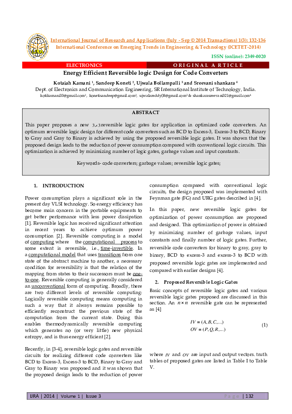 Pdf Energy Efficient Reversible Logic Design For Code Converters