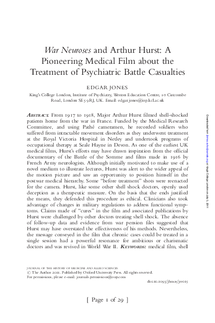 (PDF) War Neuroses and Arthur Hurst: a pioneering medical film about ...