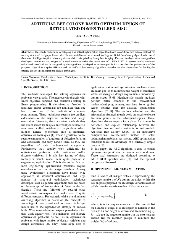 (PDF) Artificial Bee Colony Based Optimum Design Of Reticulated Domes To LRFD-AISC