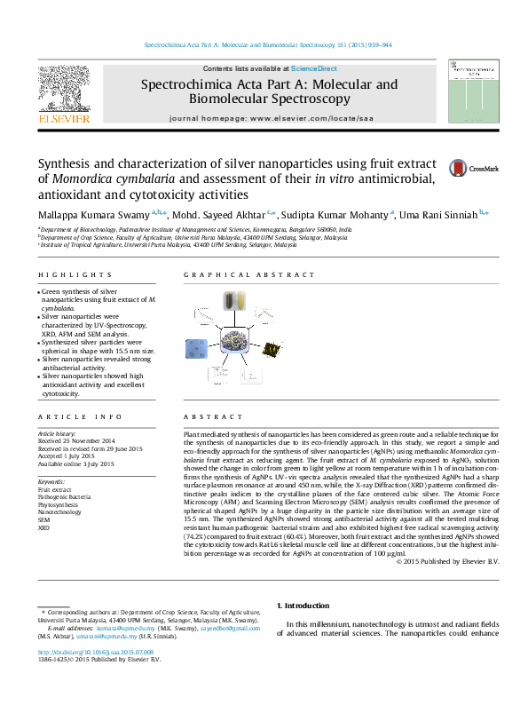 (PDF) Synthesis and characterization of silver nanoparticles using fruit extract of Momordica ...