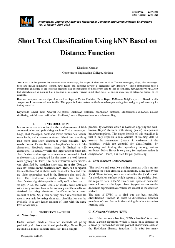 (PDF) Short Text Classification Using kNN Based on Distance Function