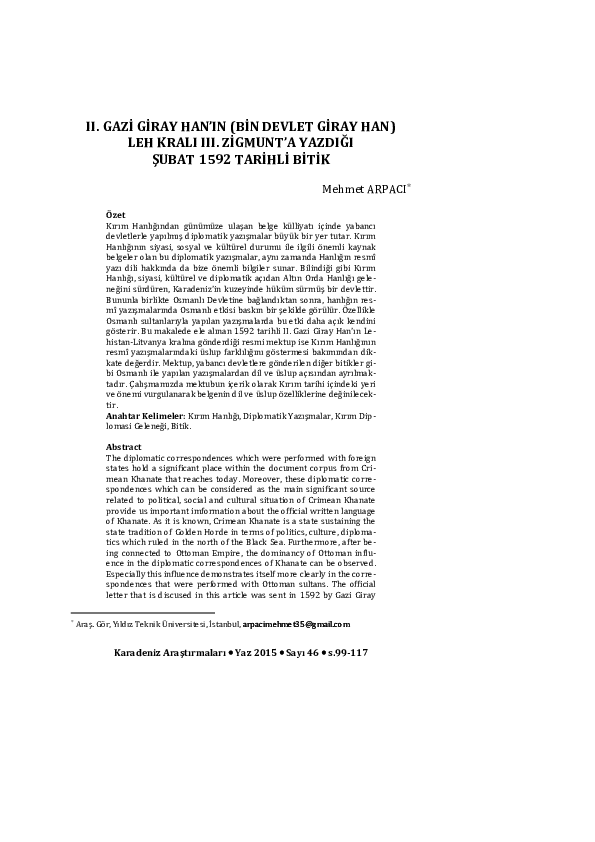 (PDF) II. Gazi Giray Han'ın (Bin Devlet Giray Han) Leh Kralı III ...