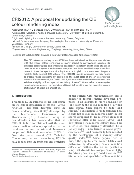 (PDF) CRI2012: A proposal for updating the CIE colour rendering index