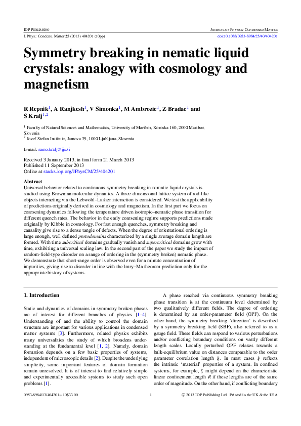 Symmetry breaking in nematic liquid crystals: analogy with cosmology ...