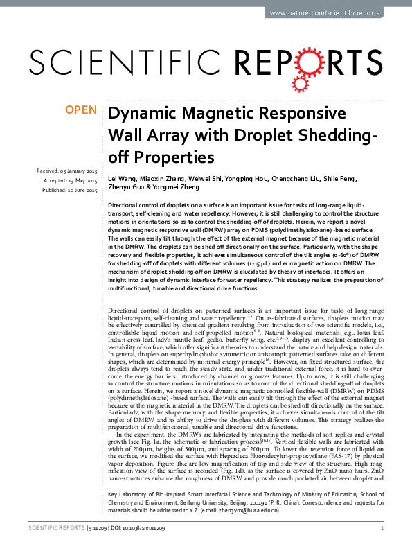 (PDF) Dynamic Magnetic Responsive Wall Array with Droplet Shedding-off ...
