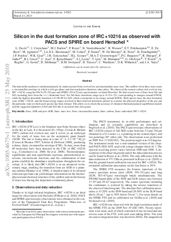 (PDF) Silicon in the dust formation zone of IRC+ 10216 as observed with ...
