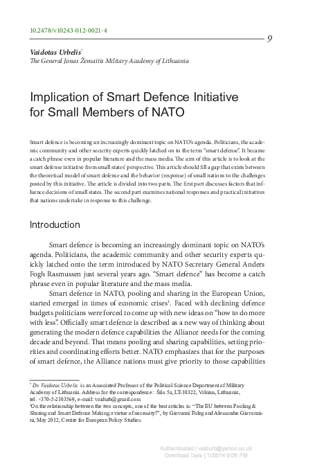 (PDF) Implication of Smart Defence Initiative for Small Members of NATO