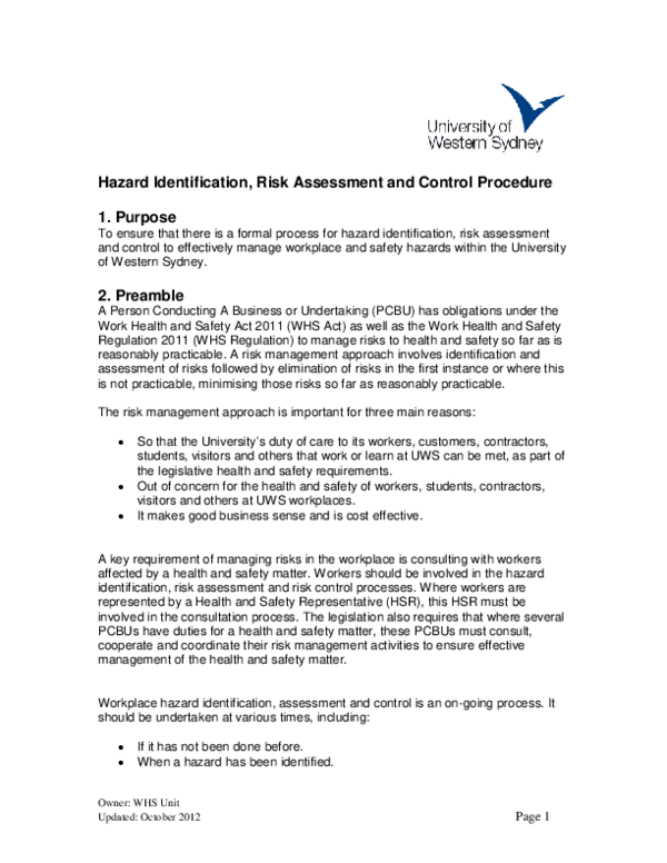 PDF Hazard Identification Risk Assessment And Control Procedure pdf-hazard-identification-risk-assessment-and-control-procedure