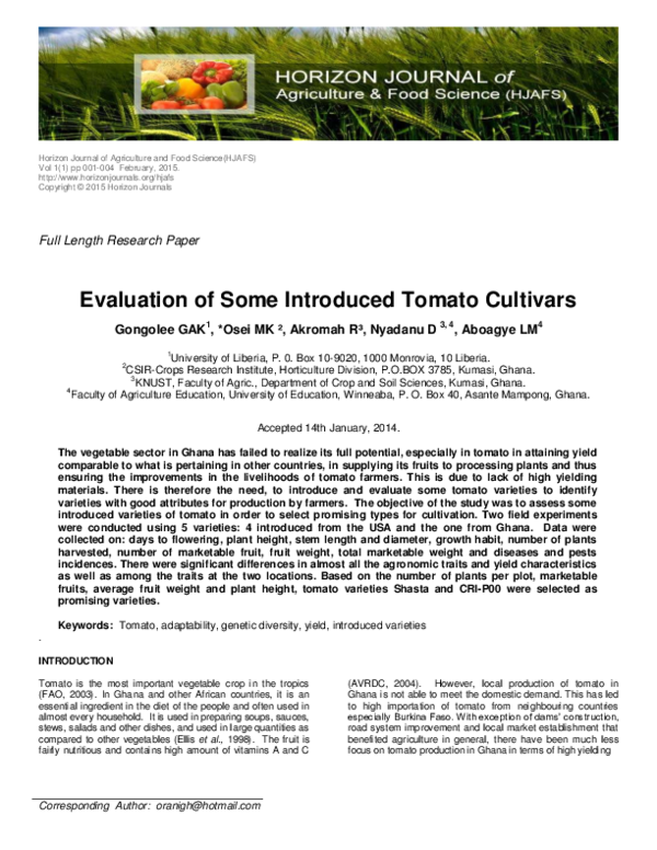 (PDF) Evaluation of Some Introduced Tomato Cultivars